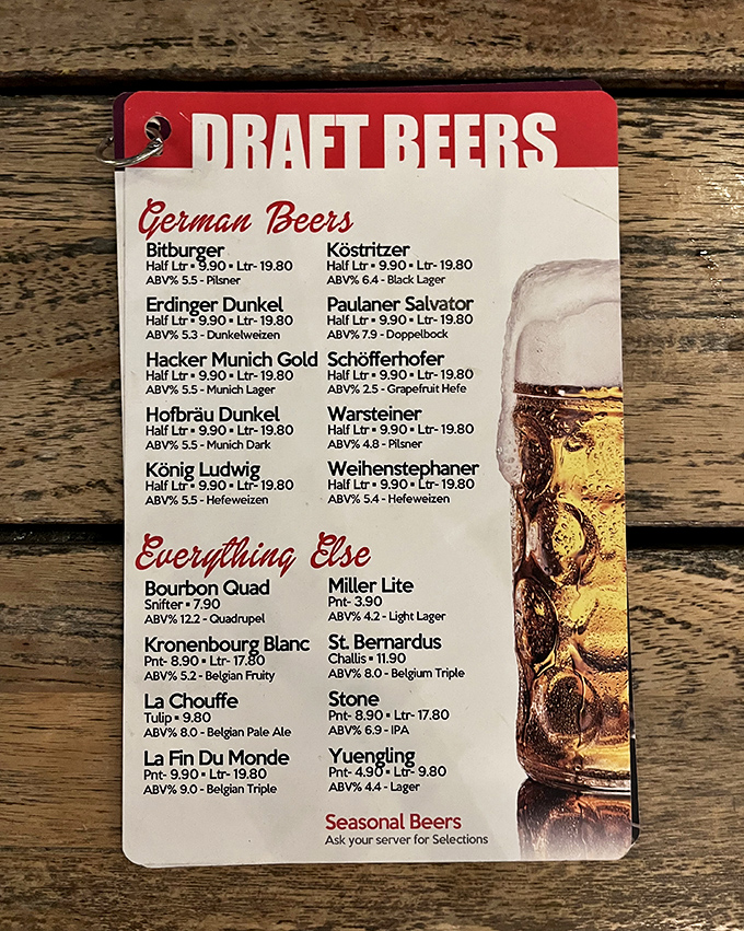 This beer menu isn't just a list&mdash;it's a passport to Germany's finest brews, from crisp pilsners to rich dunkels. Adventure by the pint!