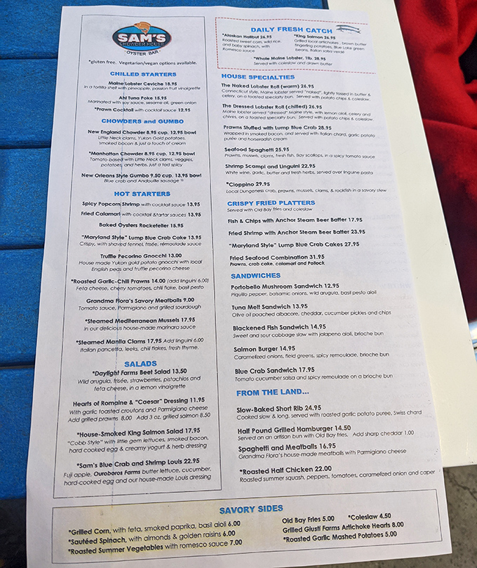 A menu that reads like poetry to seafood lovers&mdash;each item promising ocean-fresh delights from chowder to cioppino.