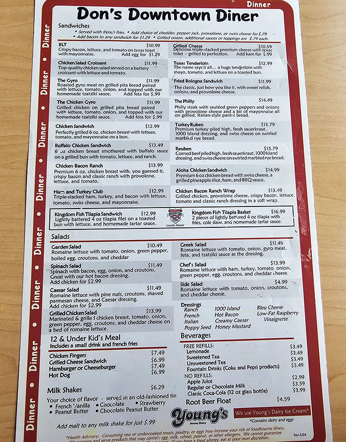 A menu that reads like comfort food poetry. Each description promises simple perfection without pretension, all at prices that feel like a time machine to friendlier economic times.