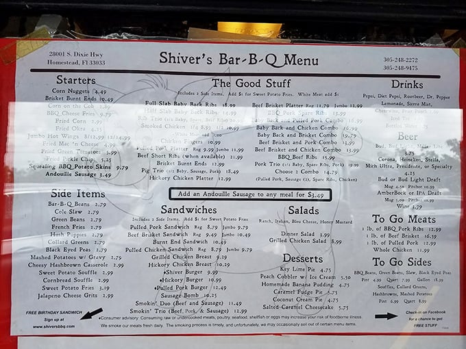 The menu at Shiver's reads like a carnivore's dream journal. Notice how "The Good Stuff" section lives up to its name with smoky promises.