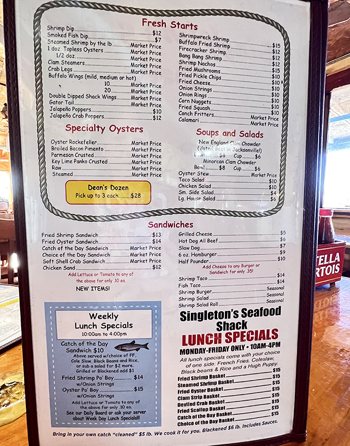 A menu that reads like poetry to seafood lovers. "Dean's Dozen" oysters and "Shipwreck Shrimp" aren't just dishes&mdash;they're promises of maritime bliss.