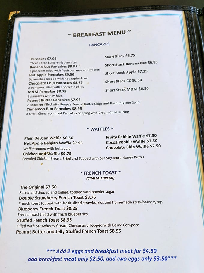 This isn't just a menu; it's a roadmap to happiness. The pancake section alone deserves its own ZIP code.