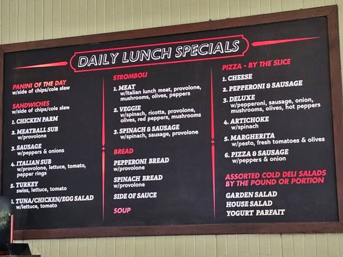 The lunch menu board reads like a love letter to Italian comfort food. Choosing just one item should qualify as an Olympic sport.