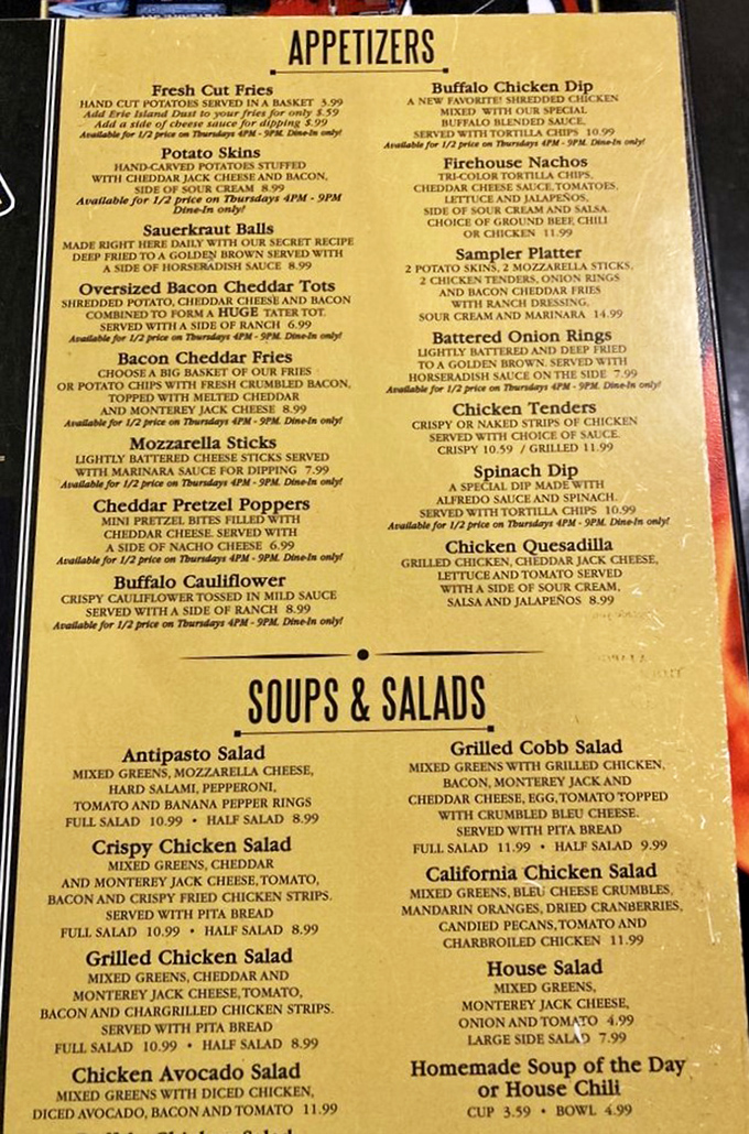 A menu that reads like a love letter to comfort food enthusiasts. The appetizer section alone could sustain a small village through winter.