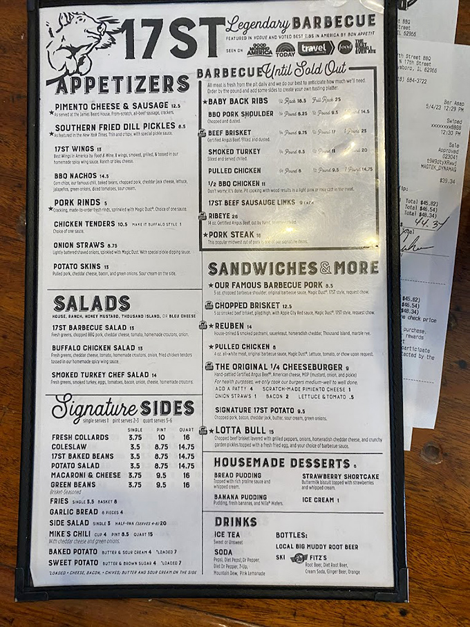 A menu that reads like barbecue poetry – each item representing hours of smoke, decades of expertise, and generations of happy customers.