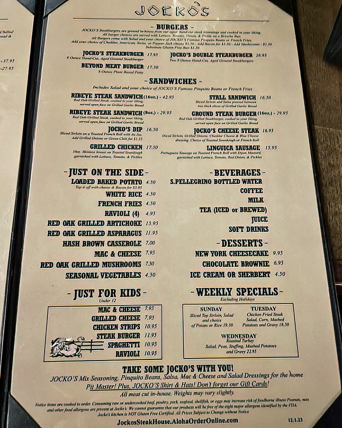 A menu that doesn't need a translator&mdash;just an appetite. The "Take Some Jocko's With You" section might be the most optimistic assumption that you'll have leftovers.
