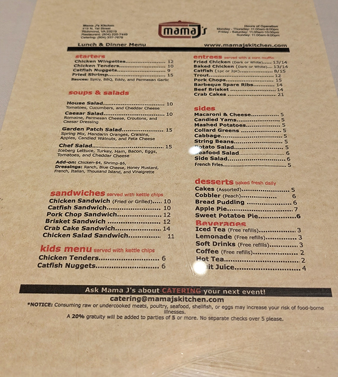 A menu that reads like a love letter to Southern cuisine. No fancy descriptions needed when the food speaks this eloquently for itself.