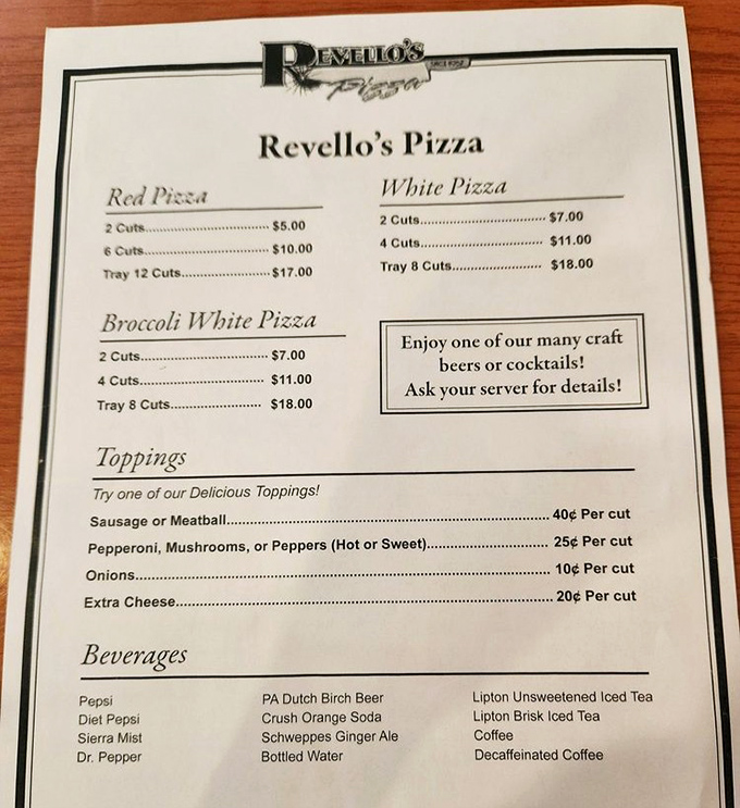 The menu reveals the local secret language: "cuts" not slices, "trays" not pies. When in Old Forge, speak as the Old Forgers do!