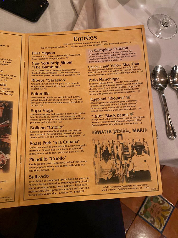 This menu isn't just a list of dishes&mdash;it's a historical document showcasing Cuban-Spanish culinary traditions that have stood the test of time.