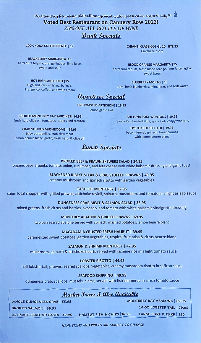 A menu that reads like a love letter to the ocean. The "Taste of Monterey" isn't just a dish&mdash;it's a maritime mission statement.