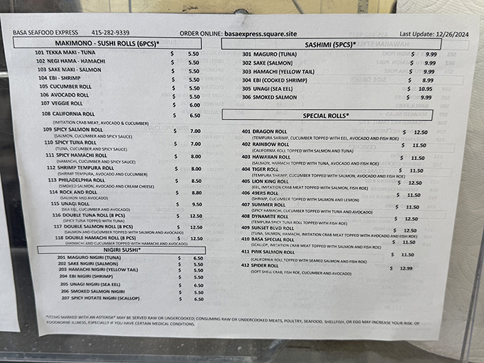 The menu board reads like a love letter to seafood enthusiasts &ndash; sushi rolls, sashimi, and special creations that won't break the bank but will satisfy the soul.