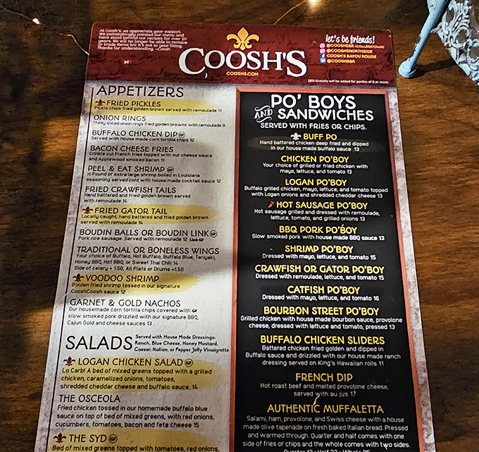 This menu isn't just reading material&mdash;it's a roadmap to flavor town with stops at Voodoo Shrimp, Gator Po'boys, and other Louisiana-meets-Florida delights.