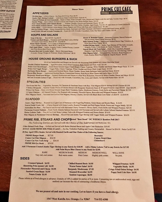 A menu that reads like a love letter to carnivores, with enough seafood options to prevent civil war at the table. 