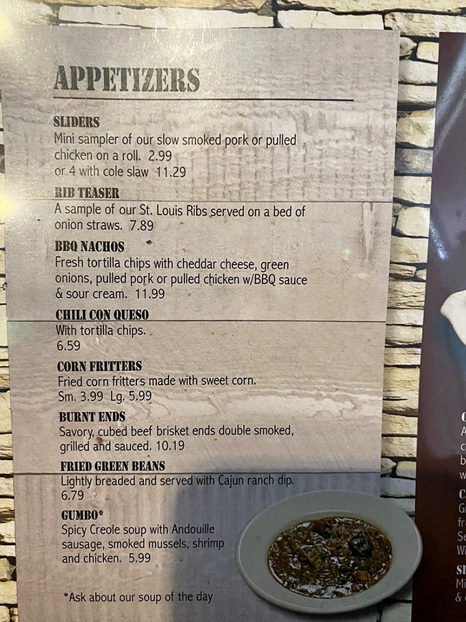 When appetizers include burnt ends and gumbo, you know this menu was crafted by someone who truly understands barbecue culture.