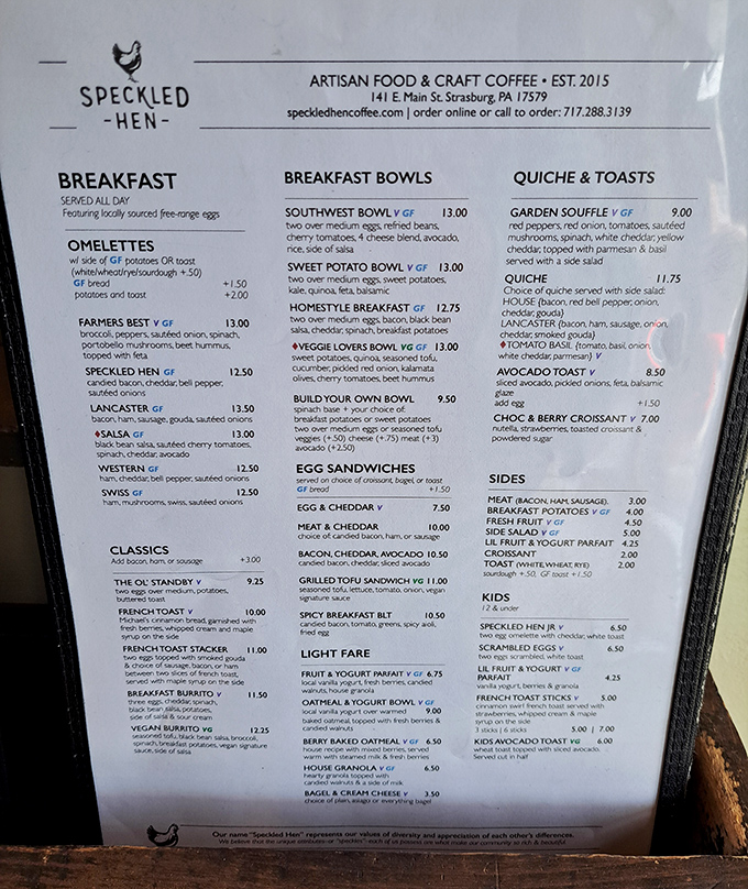 A menu that reads like a love letter to morning meals, featuring locally-sourced ingredients transformed into breakfast magic served all day.