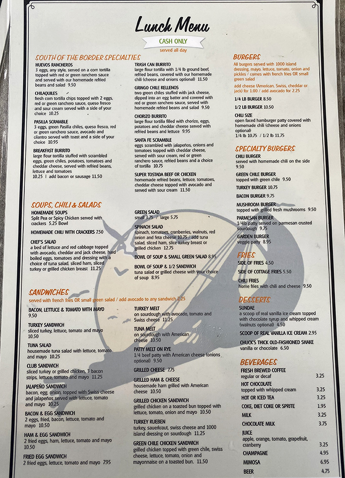 A menu that reads like a love letter to comfort food. The "South of the Border Specialties" section alone is worth the trip.