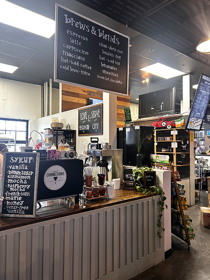 The coffee menu promises liquid companions worthy of the baked treasures—note the "Love & Serve" sign that perfectly captures the bakery's philosophy.