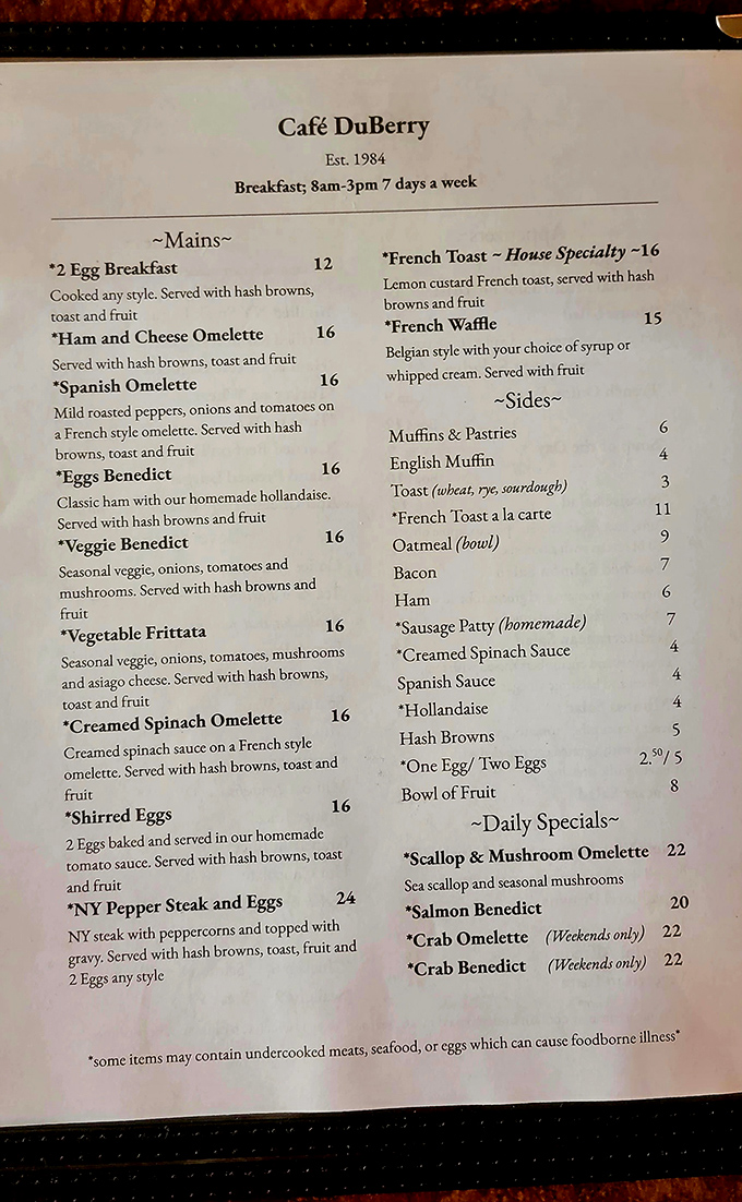 This menu isn't just a list of options&mdash;it's a roadmap to breakfast nirvana, with that legendary lemon custard French toast beckoning like a siren.