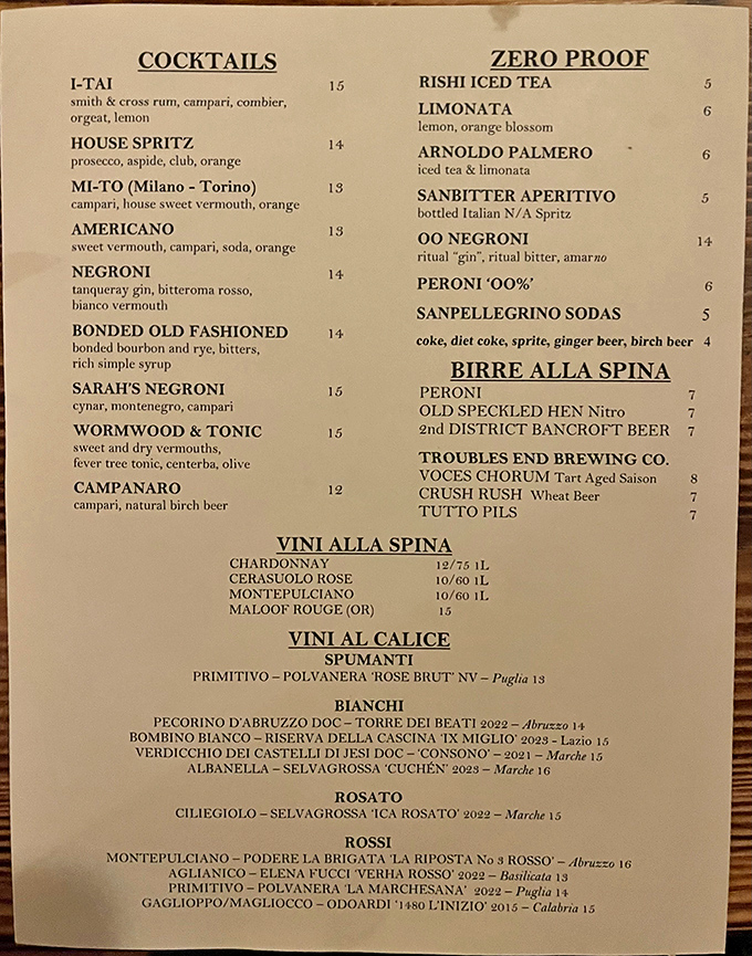 A cocktail menu that reads like a love letter to Italian spirits. The Wormwood & Tonic might just make you forget you ever met a gin and tonic.