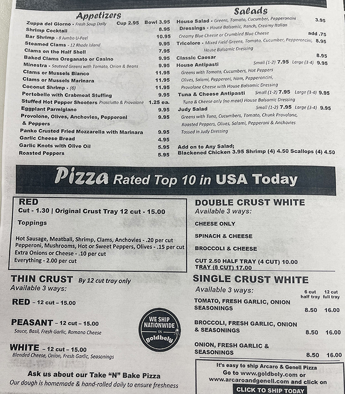 A menu that doesn't need fancy fonts or flowery descriptions. When your pizza's been rated top 10 in USA Today, you let the food do the talking.