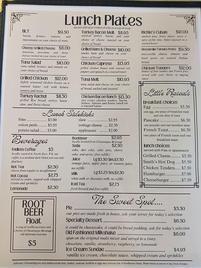 This menu isn't just a list of food—it's a roadmap to happiness. The "Sweet Spot" section alone could solve most of life's problems.
