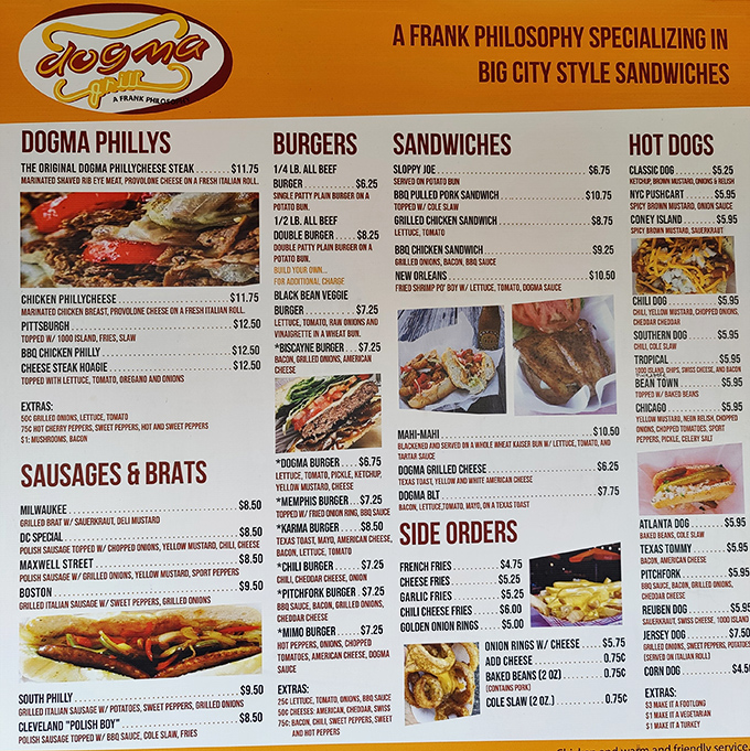 Decision paralysis has never been so delicious. The menu board at Dogma reads like a cross-country tour of America's most beloved hot dog traditions.