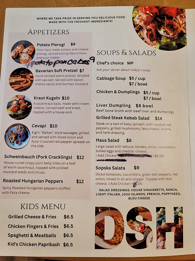 A menu that reads like a European vacation itinerary—from pierogies to paprikash, each dish promises a delicious journey without the passport hassle.