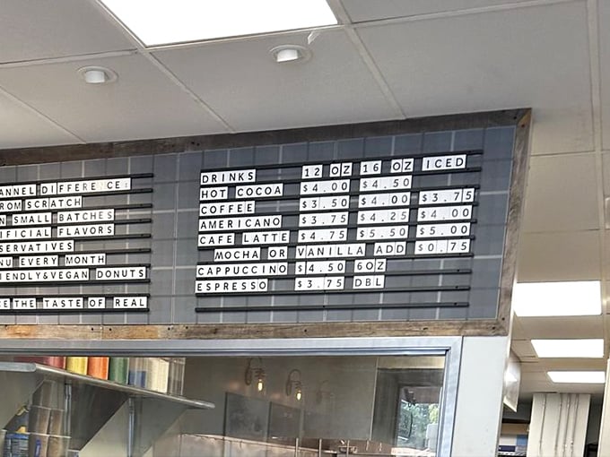 The letter board menu speaks volumes: real ingredients, scratch-made donuts, and coffee that deserves equal billing.