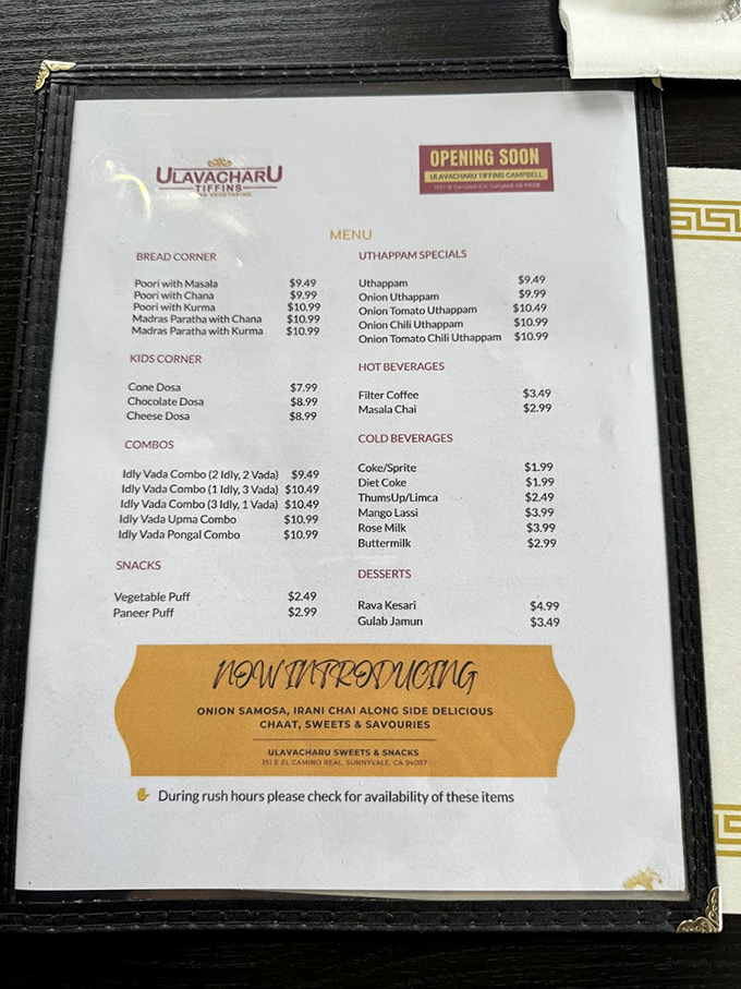 This menu reads like a love letter to South Indian cuisine, with each item promising a different kind of delicious commitment.