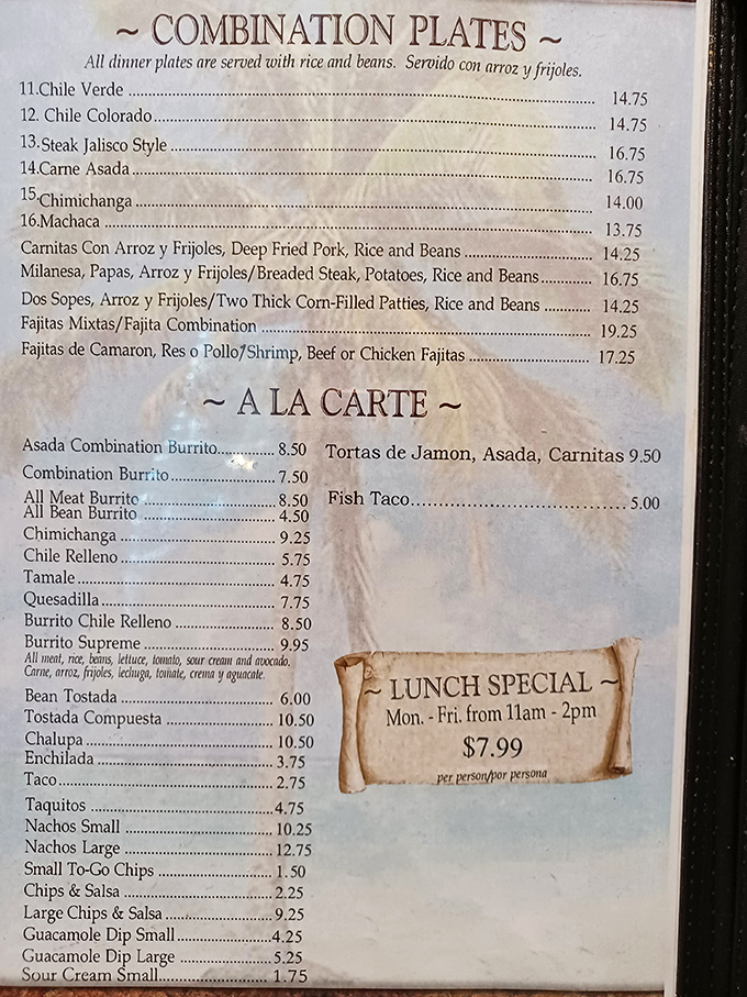 This menu isn't just a list&mdash;it's a roadmap to happiness. The enchilada's modest price belies its extraordinary flavor journey.