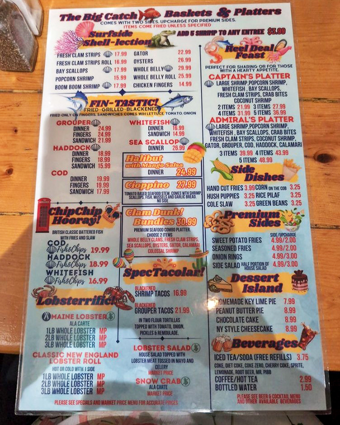 This menu isn't just a list—it's a maritime adventure waiting to happen. The "Clam Dunk" alone could make a seafood lover weep with joy.