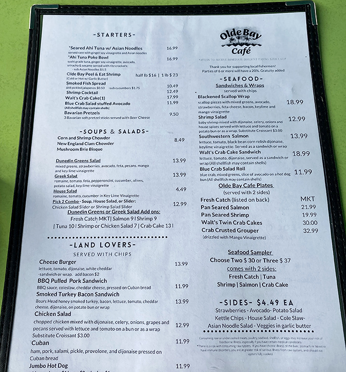 A menu that reads like a love letter to the Gulf. No foam reductions or deconstructed classics here—just honest-to-goodness seafood.