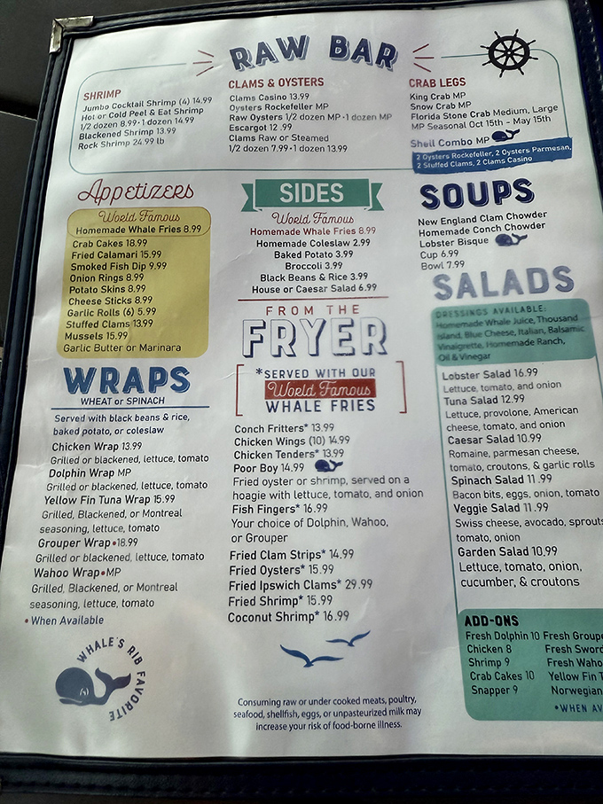 The menu reads like a love letter to the ocean – "World Famous Whale Fries" isn't just marketing; it's a delicious promise kept.