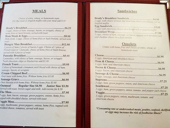 The menu reads like a love letter to breakfast classics. No fancy descriptions needed when the food speaks this eloquently for itself.