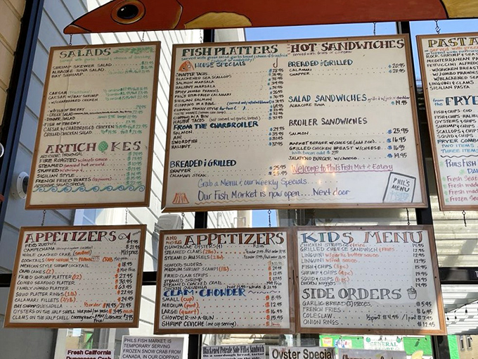 A menu board that reads like a love letter to the sea&mdash;handwritten with care and promising oceanic delights.