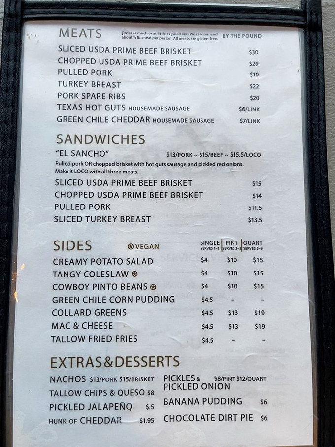 This menu isn't just a list&mdash;it's a roadmap to happiness. Notice how "Texas Hot Guts" gets prime real estate? That's no accident.