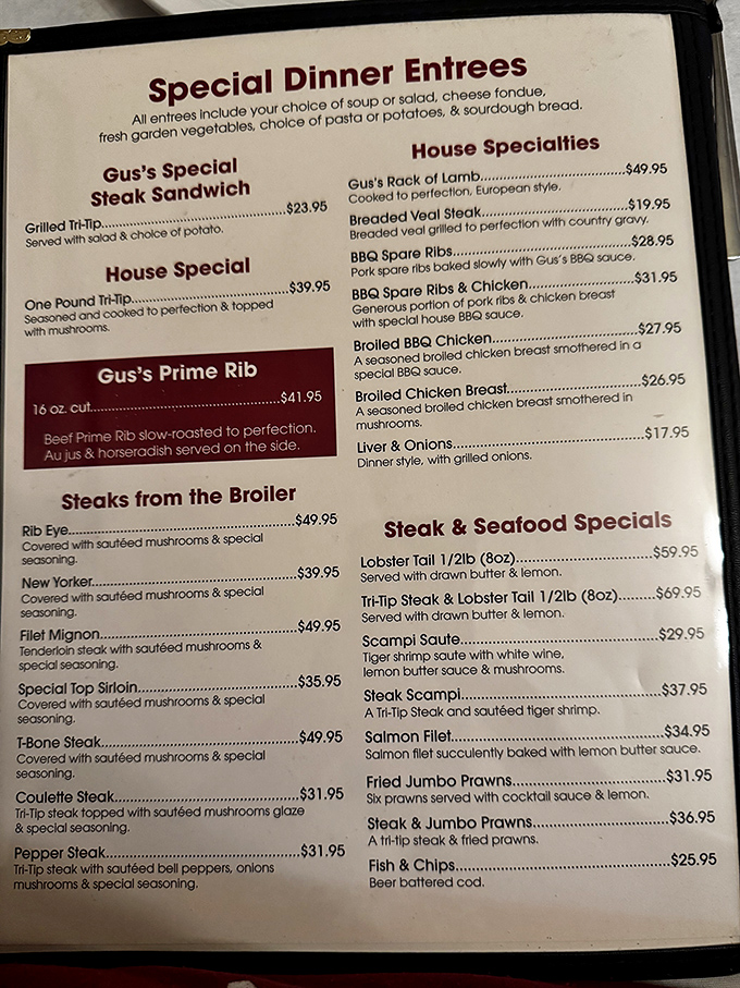 This isn't just a menu&mdash;it's a roadmap to happiness. Each item represents decades of perfecting the art of satisfying hungry Californians looking for honest-to-goodness steakhouse fare.