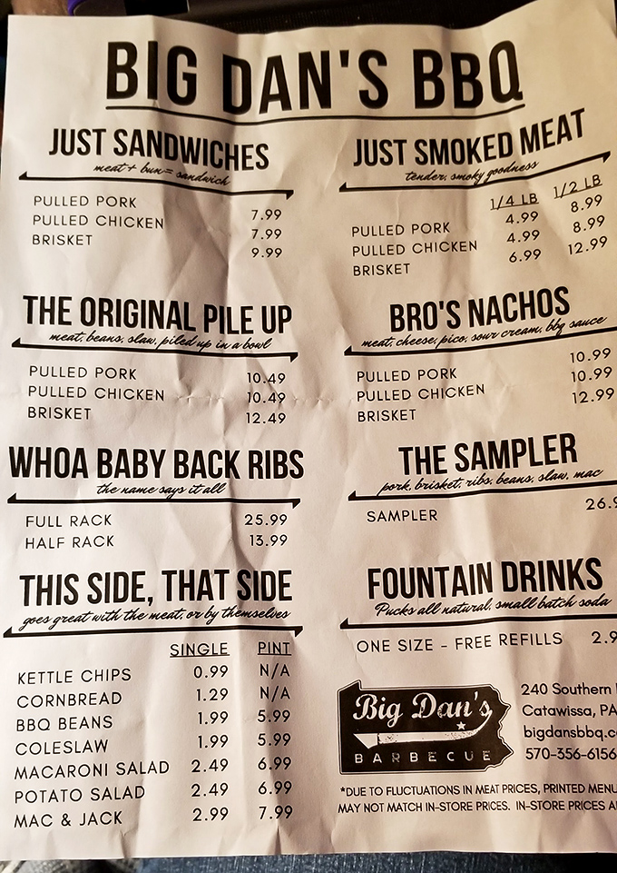 A menu that cuts right to the chase—no fancy descriptions needed when your barbecue speaks this fluently in the language of smoke.