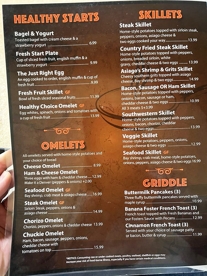 A menu that reads like breakfast poetry—where decisions become delightfully difficult and every option sounds like exactly what you need.