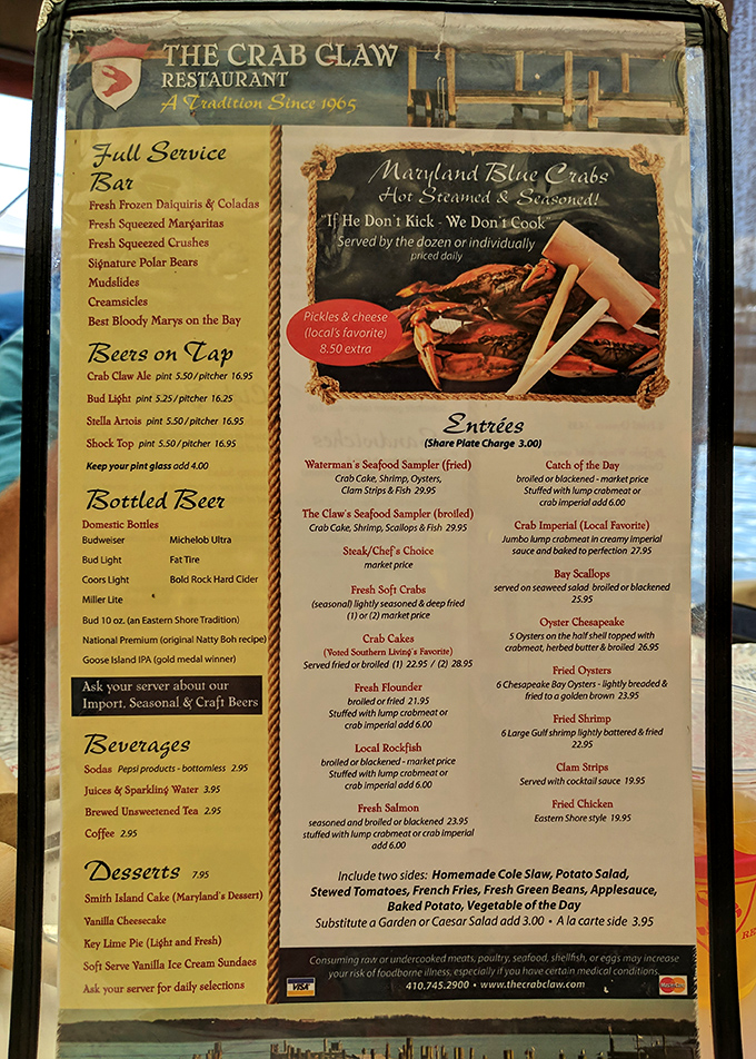 This menu isn't just a list&mdash;it's a treasure map to Chesapeake Bay delicacies where "If He Don't Kick, We Don't Cook" isn't just clever marketing, it's a promise.