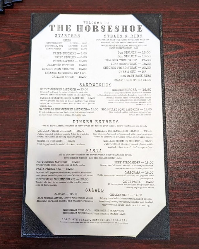 This menu isn't messing around. From hearty breakfast classics to substantial dinner options, The Horseshoe promises satisfaction that'll keep you fueled for desert adventures.