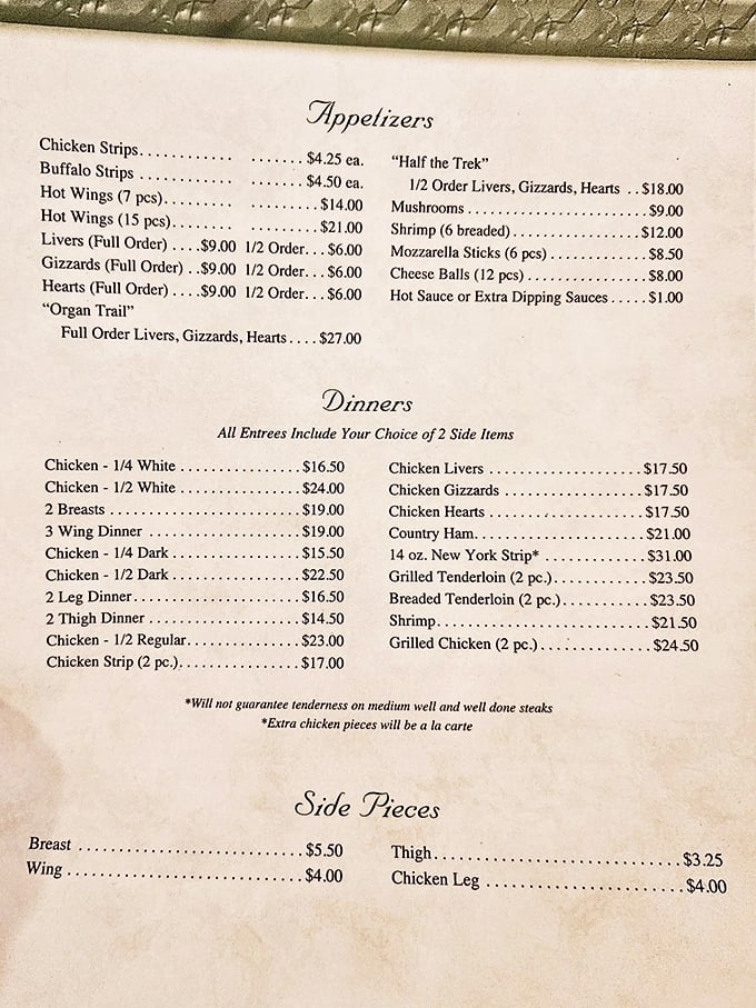 The menu reads like poetry to chicken enthusiasts&mdash;from classic fried pieces to the adventurous "Organ Trail" for the culinary daredevils among us.