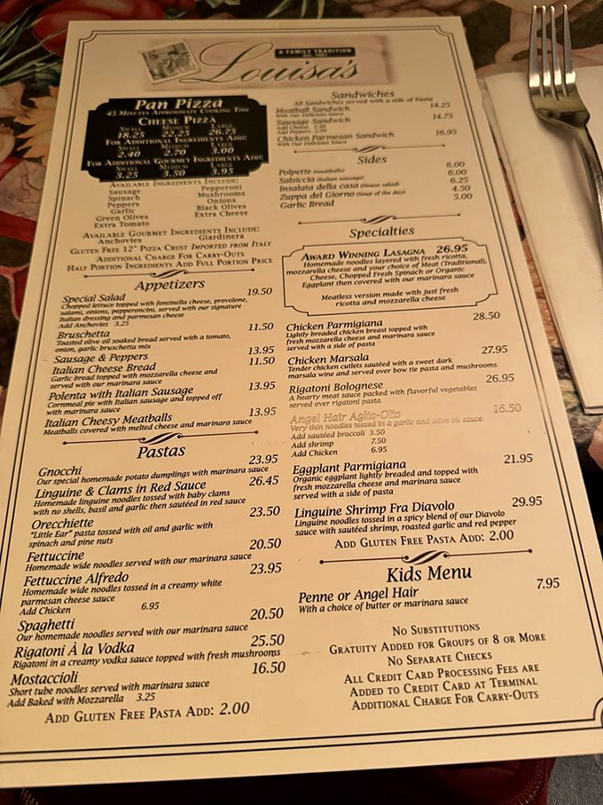 A menu that reads like a love letter to Italian-American cuisine. Each description promises comfort wrapped in carbs and covered with cheese.