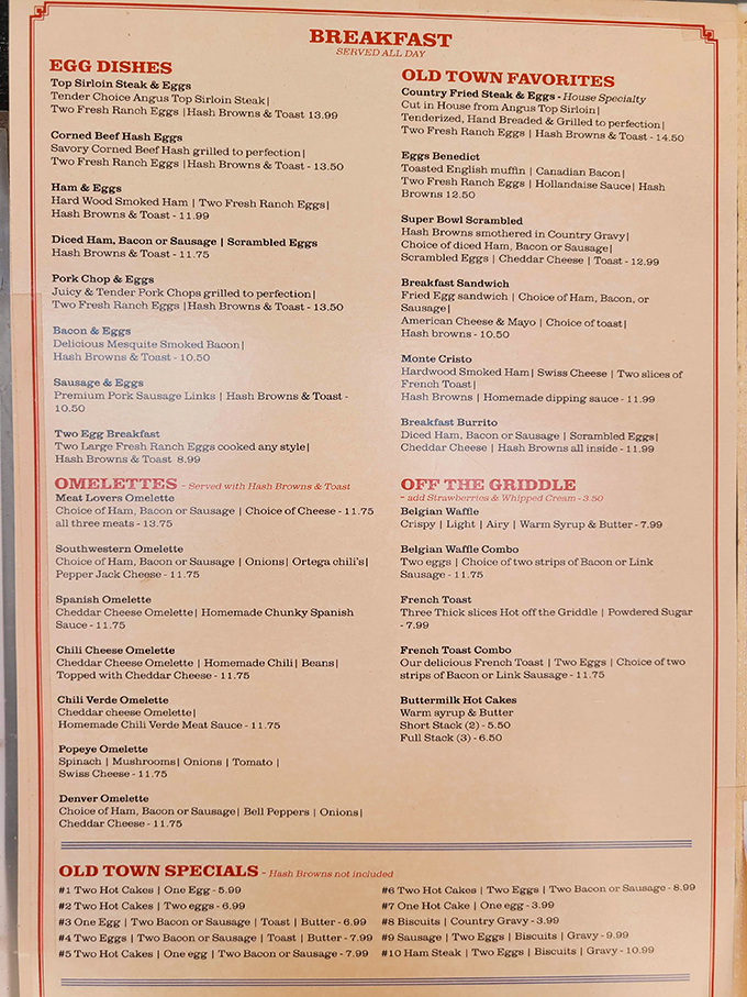 This menu reads like poetry to the breakfast-obsessed. The Old Town Favorites section might as well be titled "Things Worth Getting Out of Bed For."