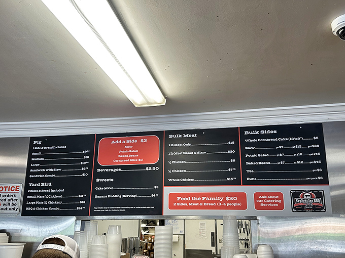 Decision paralysis has never been so delicious. The straightforward menu board offers barbecue bliss without unnecessary complications.