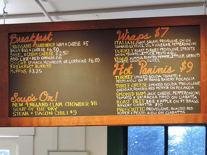 This chalkboard menu isn't just a list; it's a roadmap to happiness with wraps, paninis, and soups that'll make you question every sandwich you've ever loved.