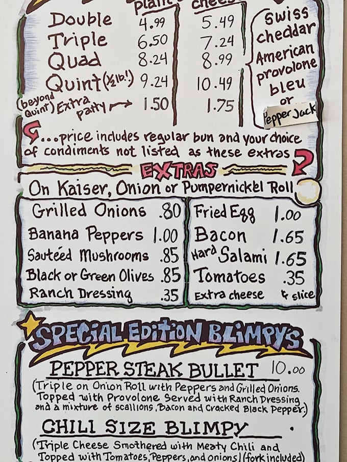 The hand-drawn menu is a roadmap to burger nirvana. From doubles to the legendary "quint," your arteries may protest but your taste buds will sing.