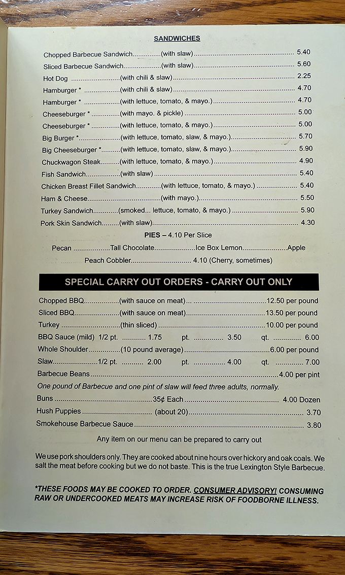 This menu isn't just a list&mdash;it's a roadmap to happiness. Notice how they boldly proclaim "true Lexington Style Barbecue" with well-earned confidence.