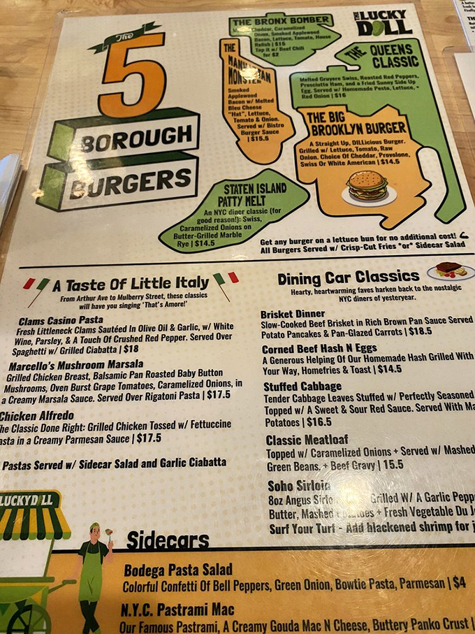 The "5 Borough Burgers" menu section proves geography has never tasted so good. Manhattan Monster or Staten Island Patty Melt? The struggle is deliciously real.