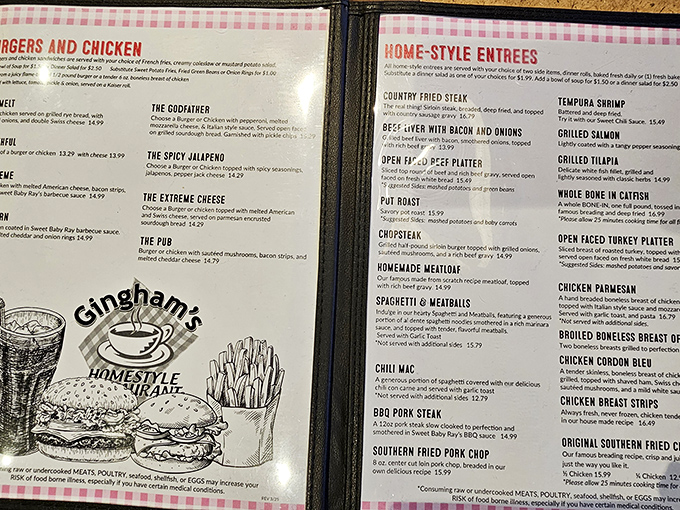 A menu that reads like a love letter to American comfort classics. Each description promises a dish that could make your cardiologist wince but your soul sing.